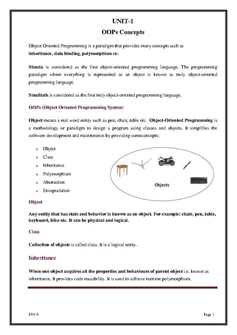 Oops Unit 1 Java Page 1 Unit Oops Concepts Object Oriented Programming Is A Paradigm That