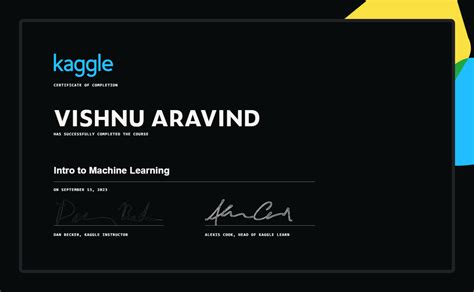 vishnu aravind completed the intro to machine learning course on kaggle