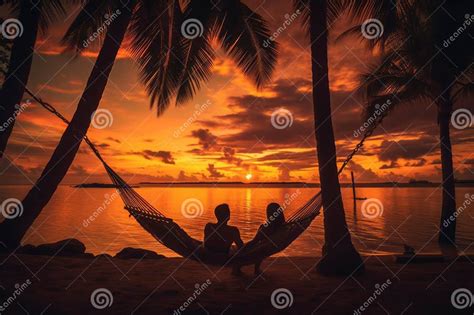 Tropical Island Sunset With Silhouettes Of Palm Trees And A Couple Relaxing In Hammocks Evoking