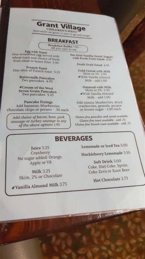 Menu At Grant Village Dining Room Restaurant Usa 550 Sculpin Ln