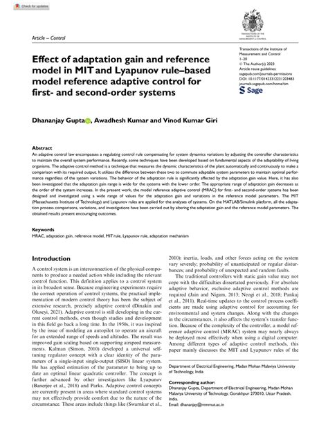 Pdf Effect Of Adaptation Gain And Reference Model In Mit And Lyapunov Rule Based Model