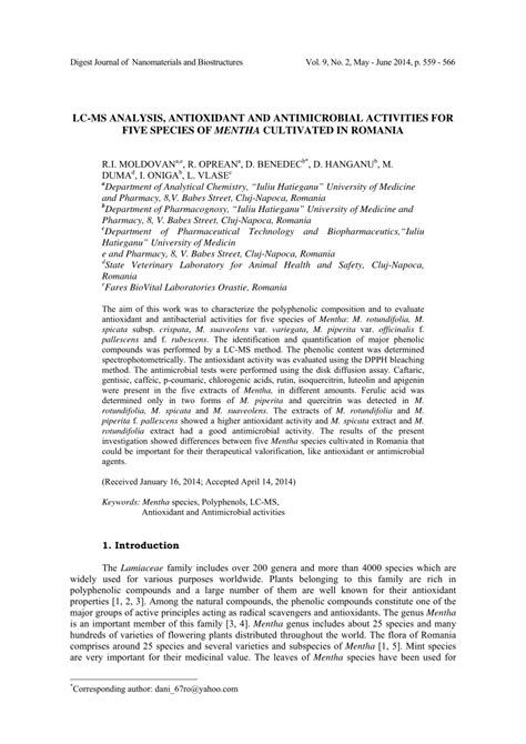 Pdf Lc Ms Analysis Antioxidant And Antimicrobial Activities For Five Species Of Mentha
