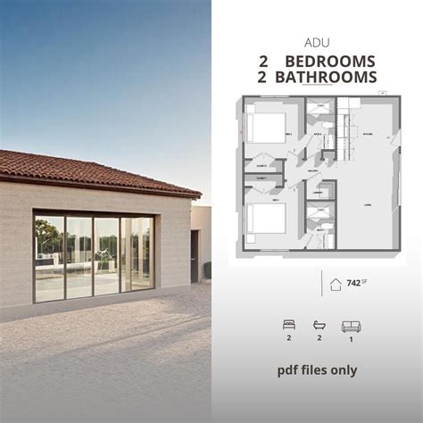 Modern 2 Bedroom 2 Bathroom Adu Plan 742 Sq Ft — Pdf Drawing Set