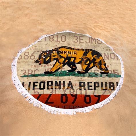 California State Flag Recycled Vintage License Plate Art Round Beach
