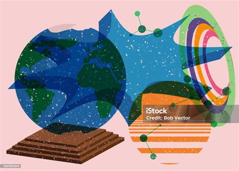 행성 지구와 다채로운 기하학적 모양의 말풍선 트렌디한 리소 그래프 디자인의 오브제 기하학 요소 추상 리소그래프 인쇄 질감 스타일 기후 묘사에 대한 스톡 벡터 아트 및 기타