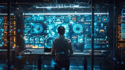 a professional analyzes data on advanced digital screens in a hightech office premium ai