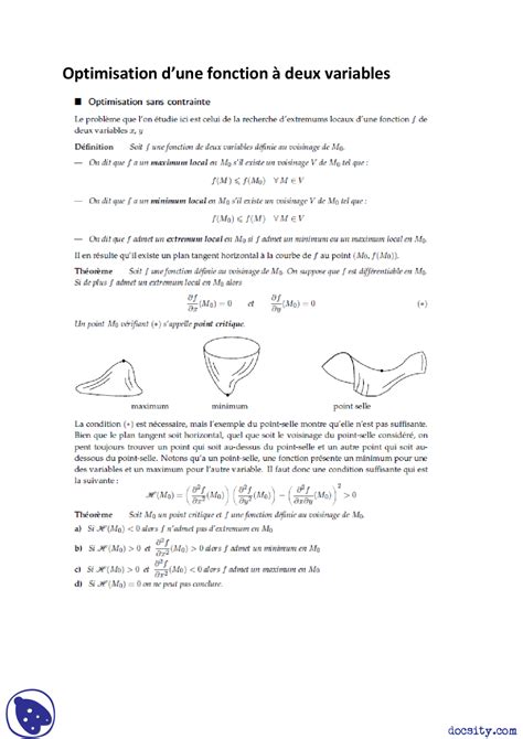 Notes Sur Loptimisation Dune Fonction à Deux Variables Docsity
