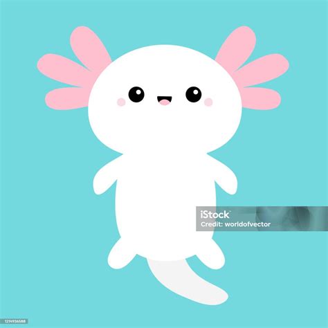 귀여운 축소 멕시코 도롱뇽 흰색 액실로틸 암비소마 멕시카눔 만화 가와이 재미 웃는 아기 캐릭터입니다 물 드래곤 핑크 뿔 플랫 디자인 파란색 배경입니다 격리 귀여운에 대한
