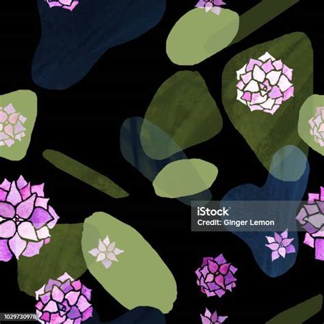 추상 미니 멀 완벽 한 패턴입니다 검은 바탕에 파스텔 핑크 수채화 Echeveria 식물을 가진 녹색 및 파랑 얼룩 가벼운에 대한 스톡 벡터 아트 및 기타 이미지 Istock