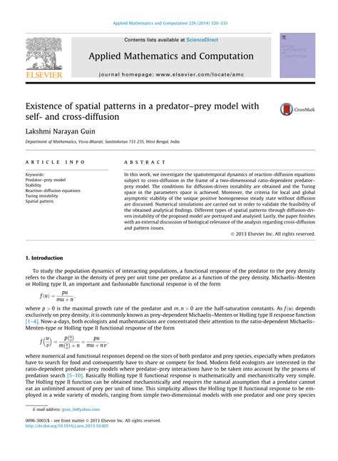 Pdf Existence Of Spatial Patterns In A Predator Prey Model With Self And Cross Diffusion
