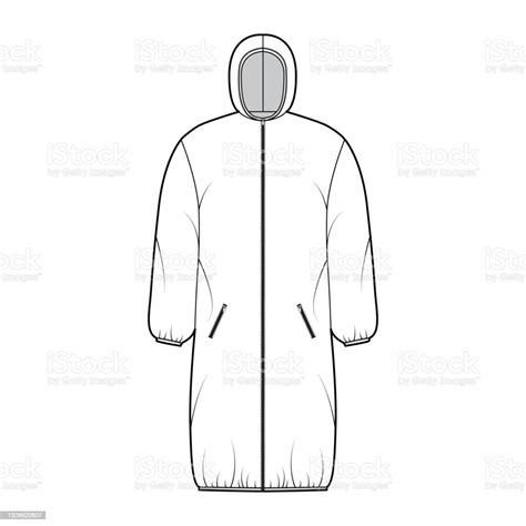 후드 재킷 다운 퍼퍼 코트 테크니컬 패션 일러스트와 지퍼 업 클로저 포켓 박시 핏 무릎 길이 0명에 대한 스톡 벡터 아트 및 기타 이미지 Istock