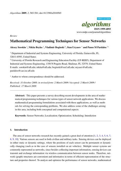 Pdf Mathematical Programming Techniques For Sensor Networks