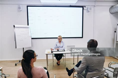 동료에게 프로젝션 스크린 프레젠테이션을 제공하는 관리자 개발에 대한 스톡 사진 및 기타 이미지 개발 경영자 교실 Istock