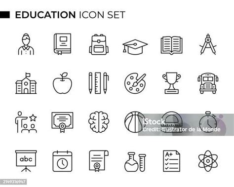 교육 개념 얇은 선 아이콘 세트에는 교사 책 배낭 각모 나침반 그리기 학교 건물 학용품 졸업장 등과 같은 아이콘이 포함되어 있습니다 아이콘에 대한 스톡 벡터 아트 및 기타