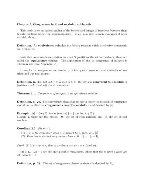 Chapter 2 Congruence In Z And Modular Arithmetic This Leads Us To