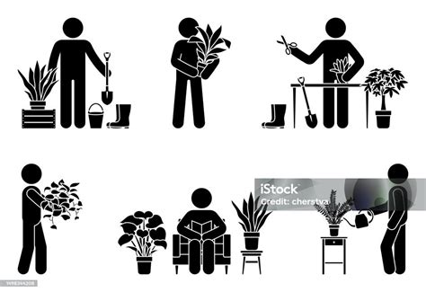 스틱 피규어 남자 정원 가꾸기 홈 꽃 벡터 일러스트레이션 세트 Stickman 사람 집 심기 아이콘 실루엣 픽토그램 가정의 방에 대한 스톡 벡터 아트 및 기타 이미지