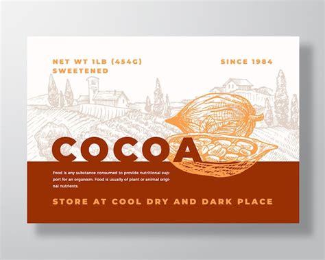 코코아 레이블 템플릿 추상 벡터 포장 디자인 레이아웃 손으로 그린 콩과 시골 풍경 배경을 갖춘 현대적인 타이포그래피 배너 프리미엄 벡터