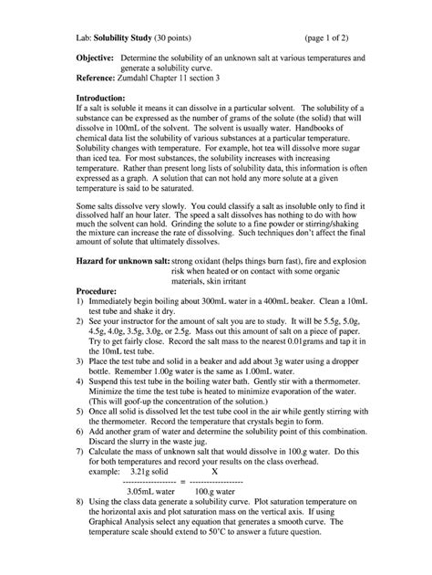Fillable Online Lab Solubility Study 30 Points Page 1 Of 2 Fax Email
