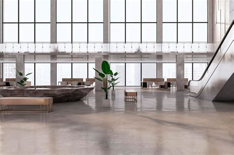 장식 분수 에스컬레이터 파노라마 창문과 가구 스타일 및 디자인 개념 3d 렌더링을 갖춘 현대적인 콘크리트 2층 개방형 공간