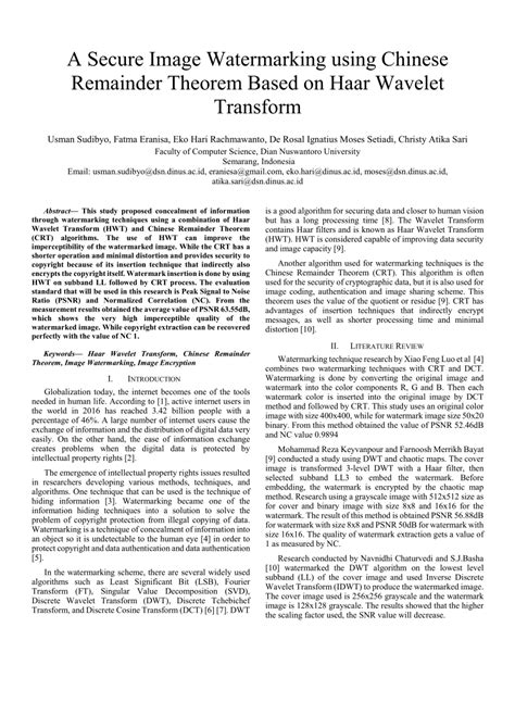 Pdf A Secure Image Watermarking Using Chinese Remainder Theorem Based On Haar Wavelet Transform