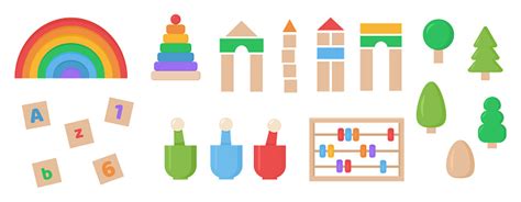 몬테소리 시스템 장난감의 벡터 세트 아이들은 유치원 아이들을위한 게임을 논리 아기 발달을위한 나무 생태 놀이 유아를위한 다채로운