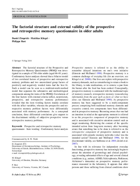 Pdf The Factorial Structure And External Validity Of The Prospective And Retrospective Memory