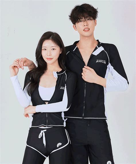 [5종세트가격 주문폭주]블랙앤화이트 빅사이즈 여성 남성 커플 수영복 래쉬가드 세트 에이블리