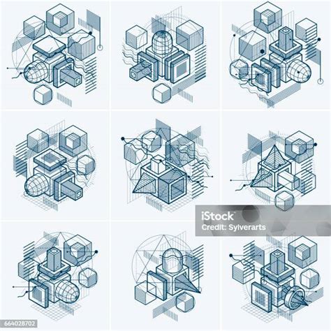 선 및 모양 추상적인 벡터 아이소메트릭 3d 배경입니다 큐브 육각형 사각형 사각형 및 다른 추상 요소 레이아웃 벡터 컬렉션입니다 0명에 대한 스톡 벡터 아트 및 기타 이미지