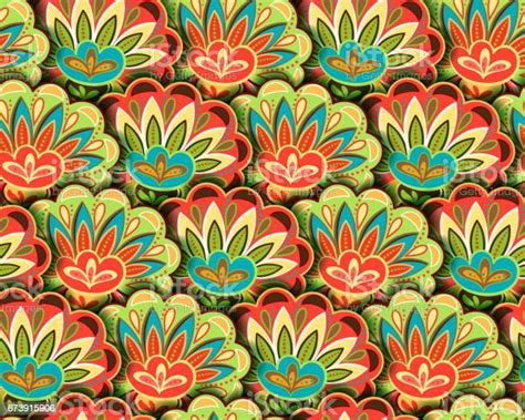 꽃 동기와 원활한 민족 패턴입니다 만다라 직물 및 종이 위한 양식된 인쇄 템플릿입니다 Boho 세련 된 디자인입니다 여름 패션입니다 그린 블루 레드 0명에 대한 스톡 벡터