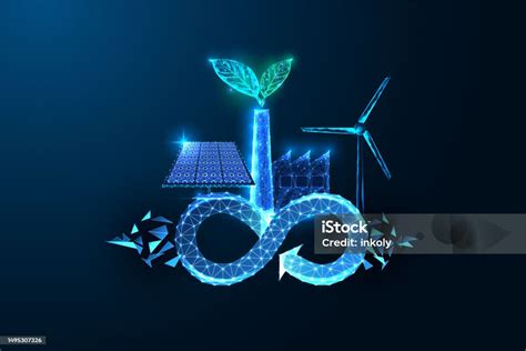 재생 가능한 에너지원과 녹색 공장이 있는 미래 지향적인 빛나는 스타일의 순환 경제 개념 순환 경제에 대한 스톡 벡터 아트 및 기타 이미지 순환 경제 태양 에너지 무한