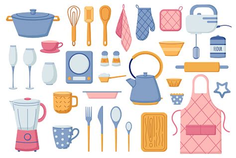 주방 도구 세트 주방 용품 식기 요리용 액세서리 빵 굽기 냄비 수건 믹서기 주전자 주방 저울 칼붙이 믹서 앞치마 장갑 그릇 머그잔 평면 벡터 일러스트 레이 션 가정용 장비에