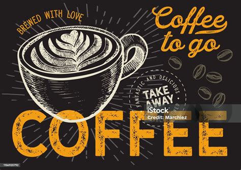 빈티지 배경에 레스토랑에 대 한 커피 그림입니다 카페와 음료 트럭 벡터 손으로 그린 포스터입니다 글자와 낙서 그래픽 요소와 디자인 커피 마실 것에 대한 스톡 벡터 아트 및