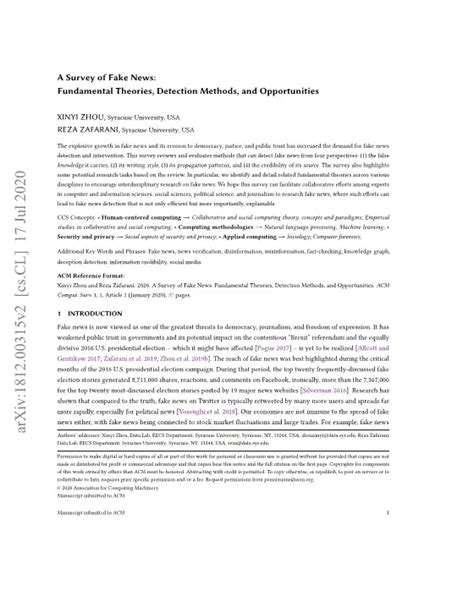A Survey Of Fake News Fundamental Theories Detection Methods And Opportunities Docslib