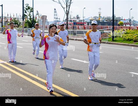 Zhoushan Chinas Zhejiang Province 13th Sep 2023 Torch Bearer Lin Jing Runs With The Torch