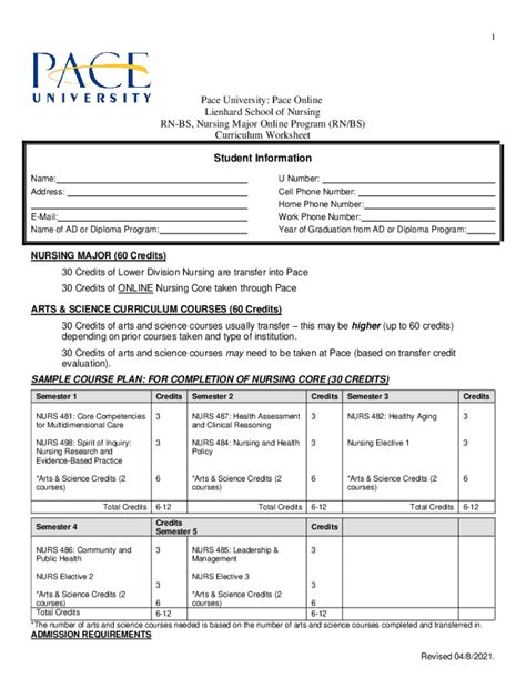 Fillable Online Chp Nursing Rn Bs Worksheetpdf Pace University Fax