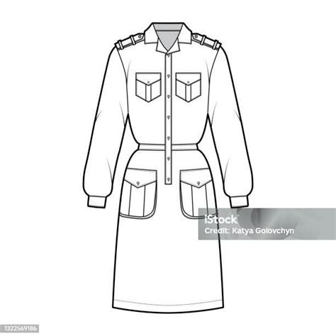 드레스 사파리 기술 패션 일러스트와 긴 소매 커프 플랩 카고 포켓 견장 무릎 길이 0명에 대한 스톡 벡터 아트 및 기타 이미지 0명 검은색 공란 Istock
