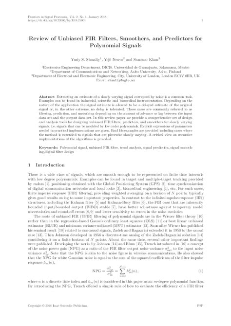Pdf Review Of Unbiased Fir Filters Smoothers And Predictors For Polynomial Signals Yuriy S