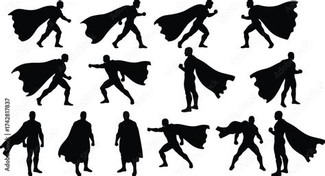 Superhero Action Silhouettes Dynamic Hero Poses With Cape Comic