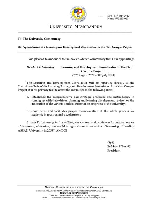 Xavier University Memo U2223 010 — Appointment Of Learning And Development Coordinator For