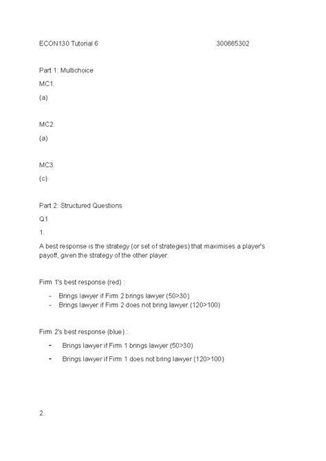 ECON Tutorial ECON Tutorial Part Multichoice MC A MC A