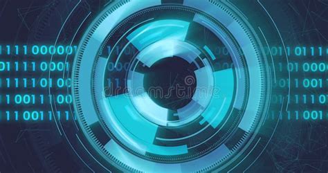 Image Of Loading Circles Binary Codes And Connected Dots Over Black Background Stock