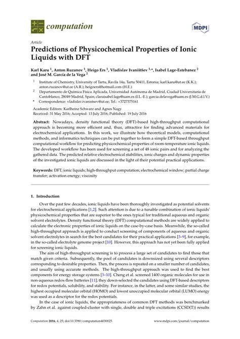 Pdf Predictions Of Physicochemical Properties Of Ionic Liquids With Dft