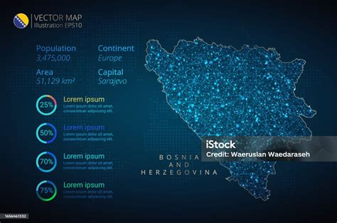 보스니아 헤르체고비나 지도 인포그래픽 벡터 템플릿은 파란색 배경에 추상적인 기하학적 메쉬 다각형 조명 개념을 가지고 있다