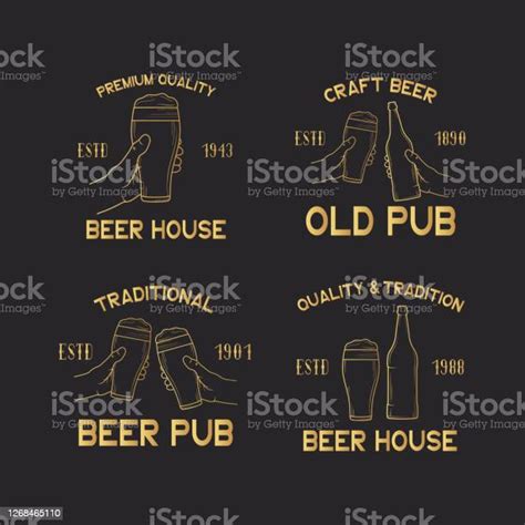 맥주 하우스와 펍을 위한 크래프트 맥주 골든 라벨 엠블럼 및 배지 세트 골드 빈티지 브랜드 디자인벡터 일러스트레이션 Ale에 대한 스톡 벡터 아트 및 기타 이미지 Istock