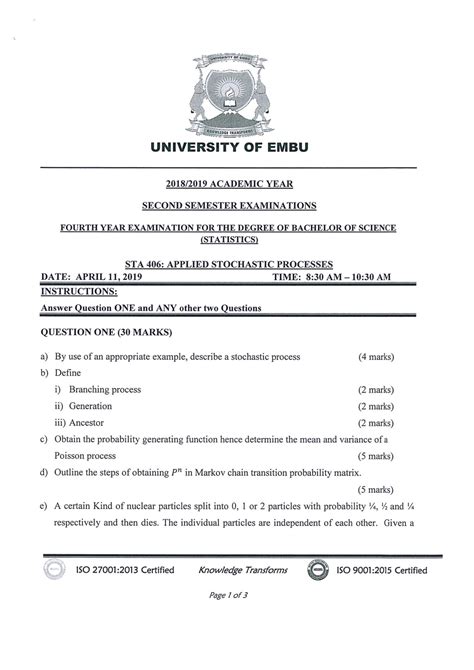 Sta 406 Applied Stochastic Process April 2019 Mathematical