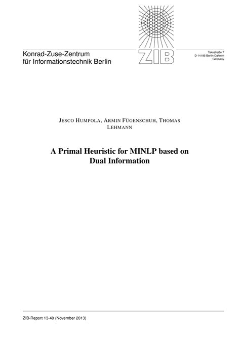 Pdf A Primal Heuristic For Minlp Based On Dual Information