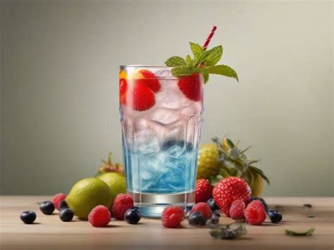 Glass Of Alcohol Cold Coctail Decorated With Ice Fruit And Mint