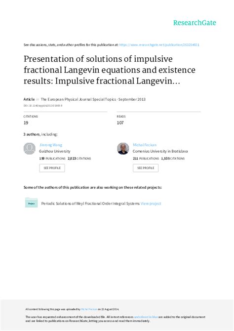 Pdf Presentation Of Solutions Of Impulsive Fractional Langevin Equations And Existence Results