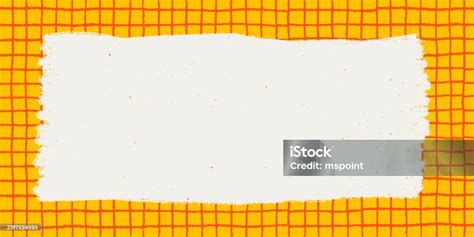 노란색 격자 무늬 배경에 그런지 찢어진 가장자리가 있는 소박한 사각형 노란색 체크 무늬 패턴에 거친 찢어진 빨간색 사각형의 벡터 그림입니다 콜라주와 스티커에 이상적 0명에