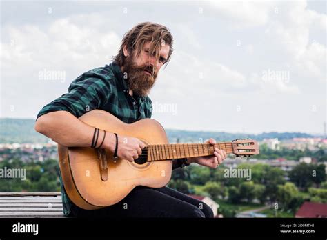 Be Famous Brutal Caucasian Guy Playing Guitar Country Music Bearded Man Singing Song